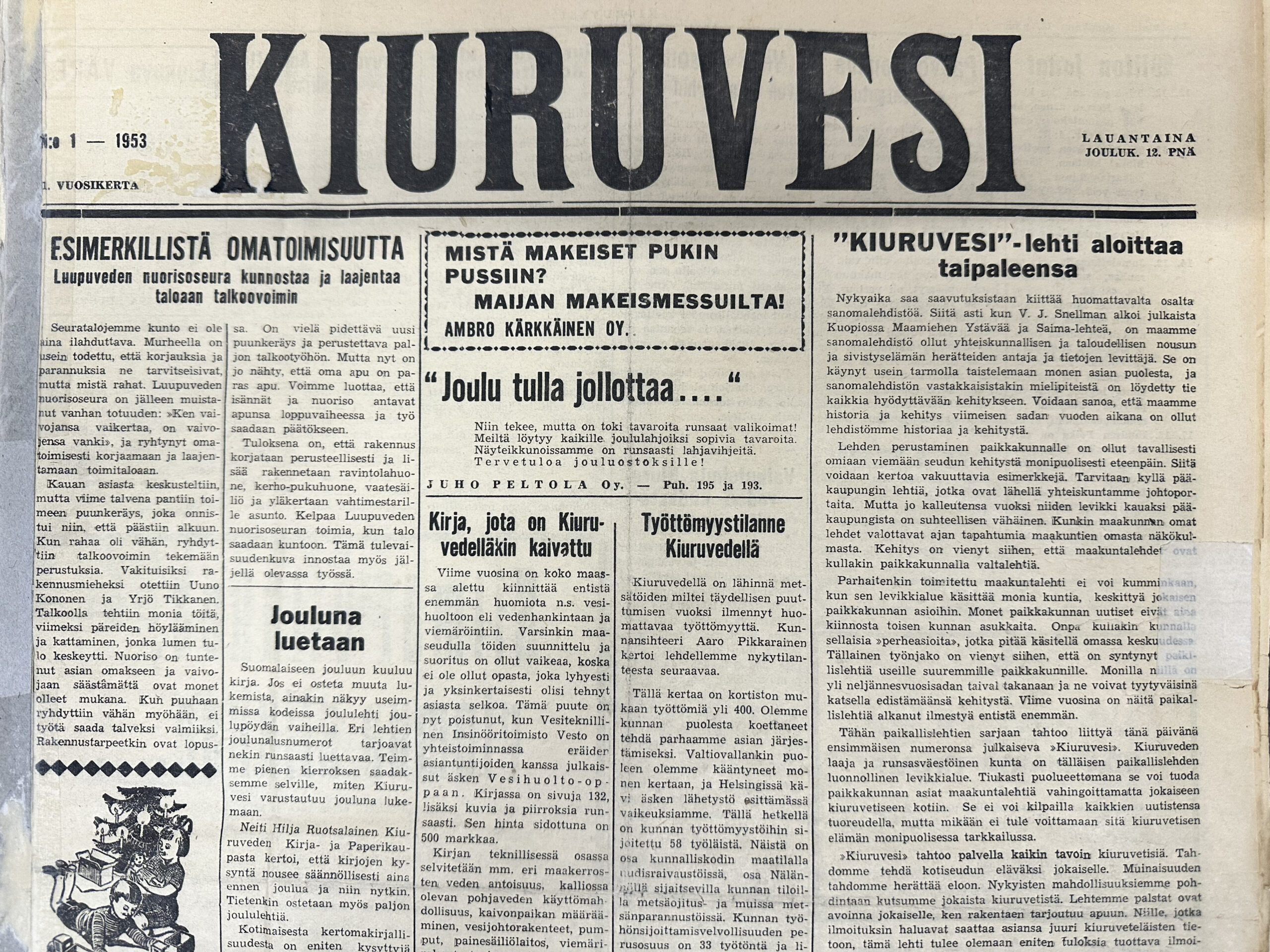 Ensimmäinen Kiuruvesi-lehti ilmestyi joulukuussa 1953 nelisivuisena ...